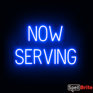 Blue LED NOW SERVING Sign, Neon Sign Look with LED Lights
